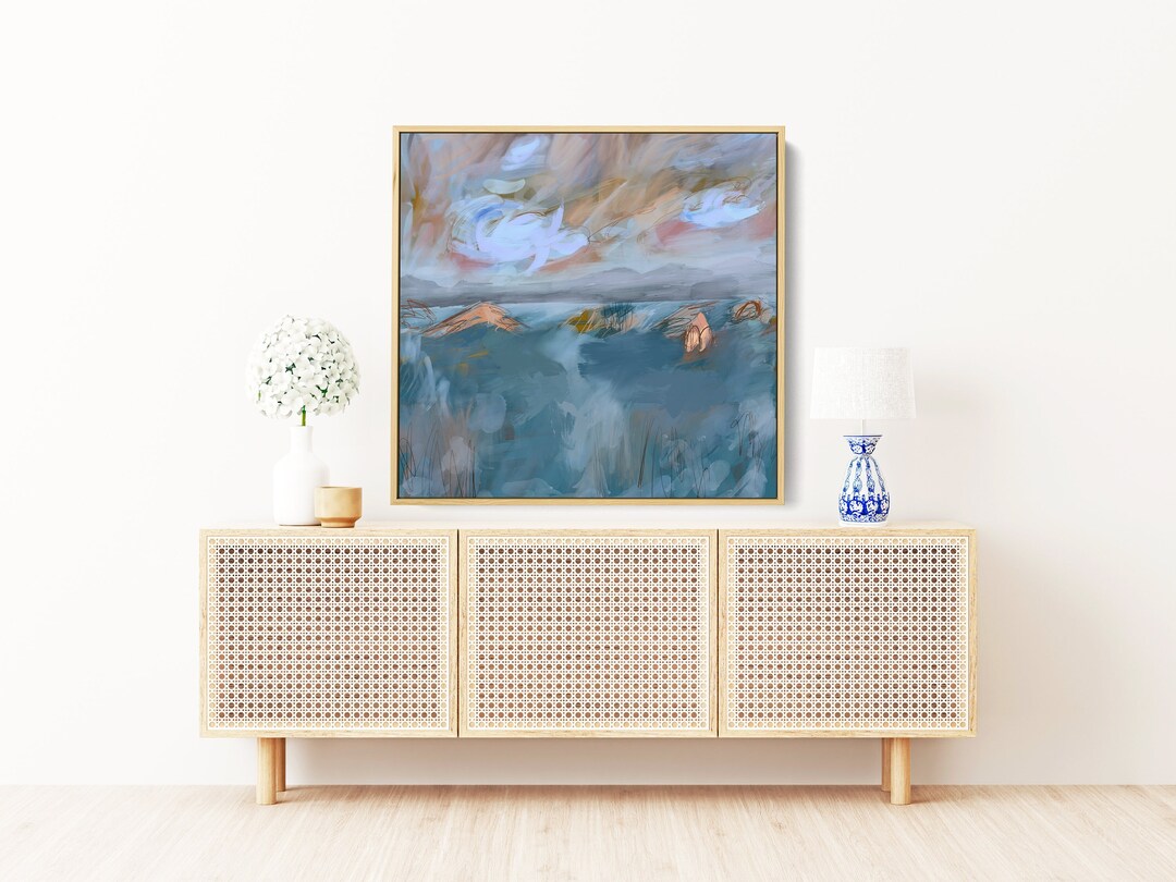 Modern Landscape Painting, Neutral Tone Blue Abstract Art Print on ...