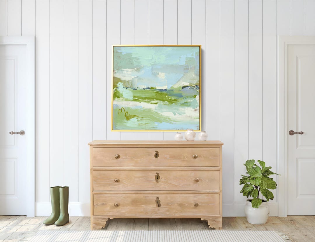 Blue and Green Abstract Art Print: Modern Coastal Landscape on Canvas ...