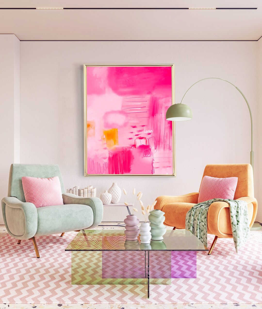 Pink Wall Art, Vibrant Pink Orange Abstract Art, Blush Pink Painting on ...