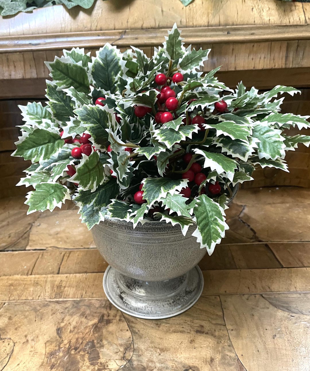 Mini Holly Leaves & Berries Half Sphere, 10" - White Tipped Leaves ...