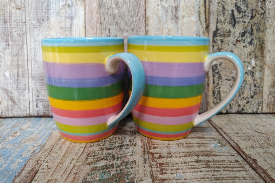 Ceramic Mugs Set of 2 With Rainbow Horizontal Stripes and Blue - Etsy