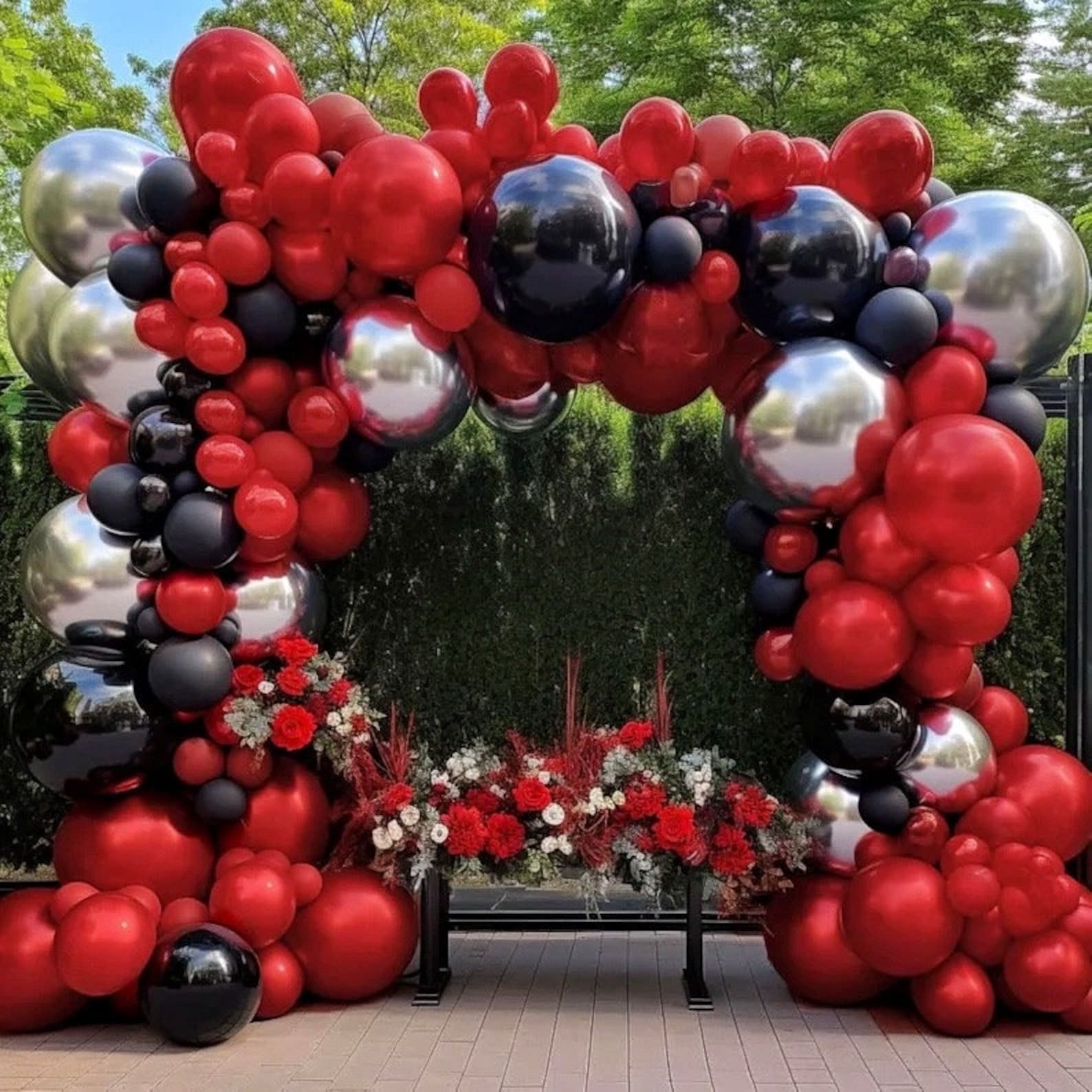 Black Red Silver Balloon Garland Double Stuffed Red Black Balloons ...
