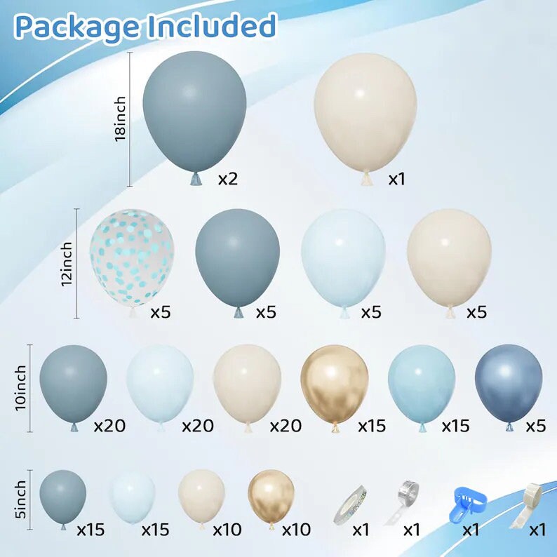 172pcs Dusty Blue Balloons Arch Garland Kit, Dusty Baby Pastel Blue Chrome Gold Blue Sand White ...