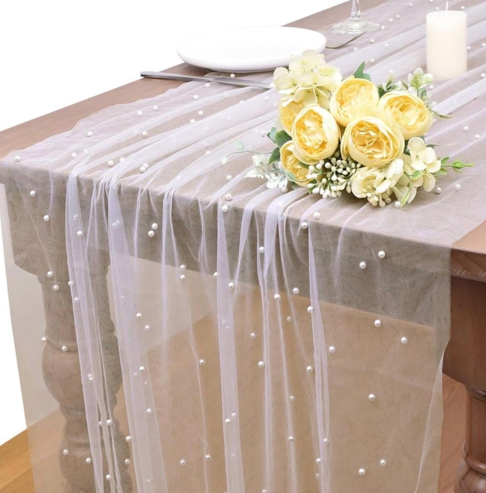 White Pearl Spring Summer Table Runner Boho Rustic Tulle Lace Mothers ...