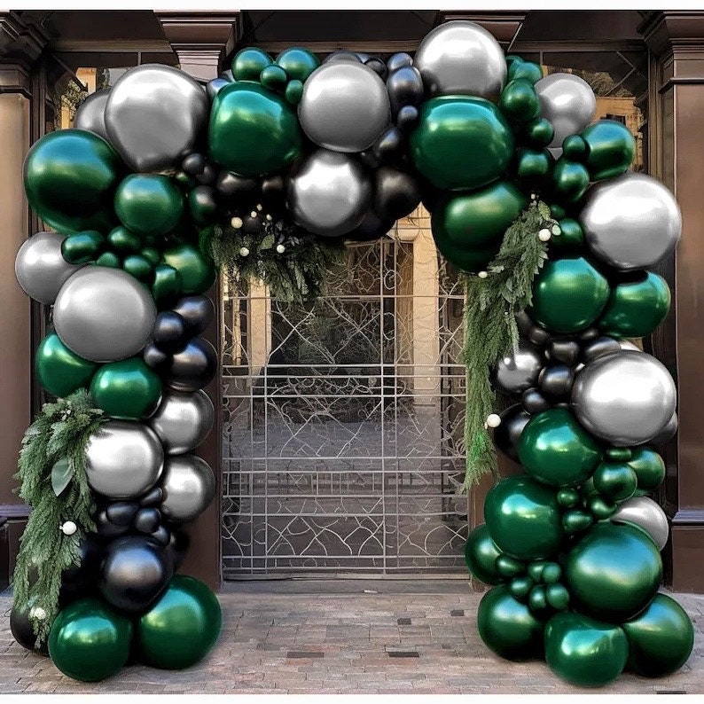 Black Green Silver Balloon Garland Double Stuffed Dark Green Black ...