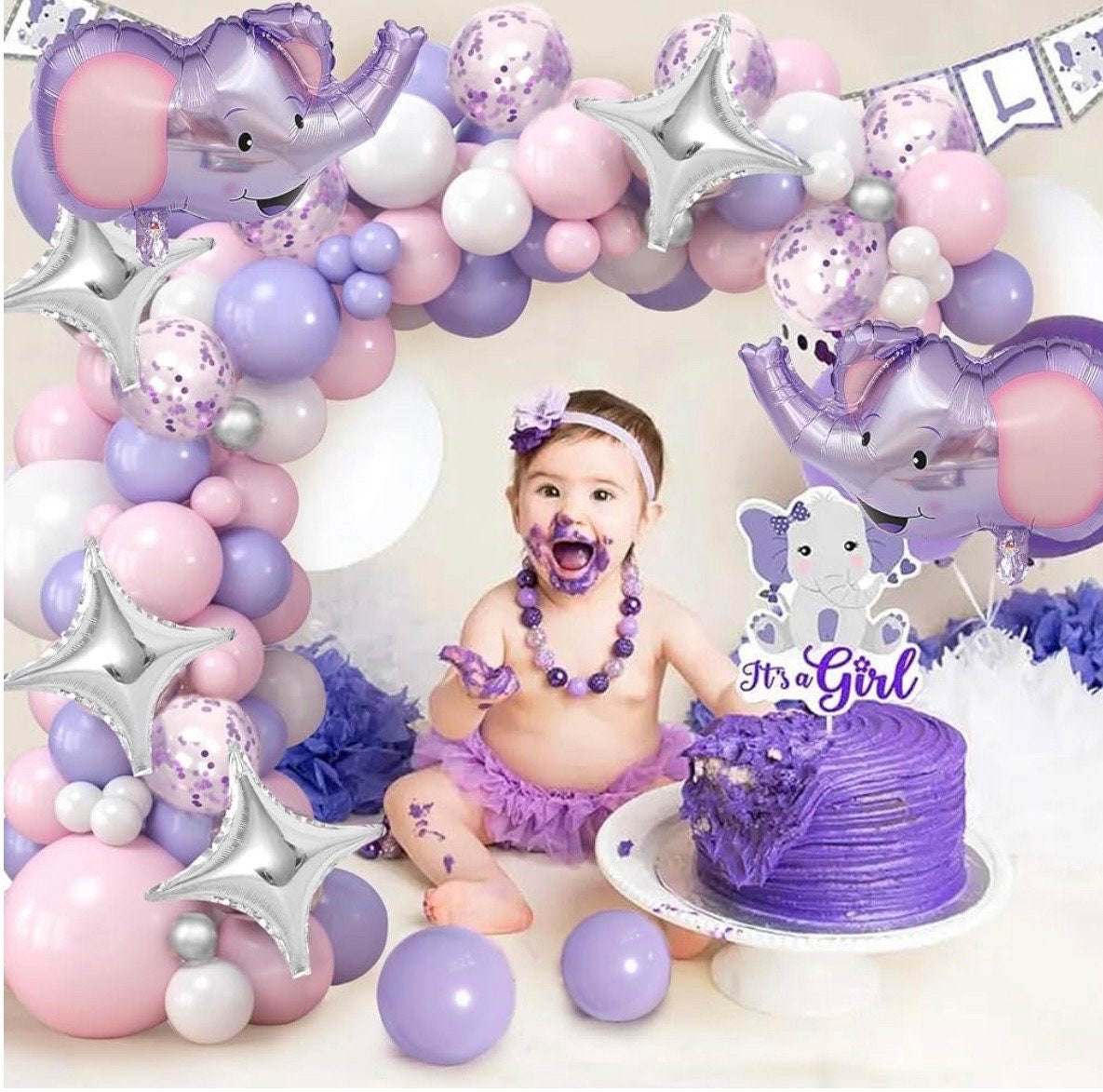 129PCS Elephant Baby Shower Balloon Arch for Girl Purple Pink Confetti ...