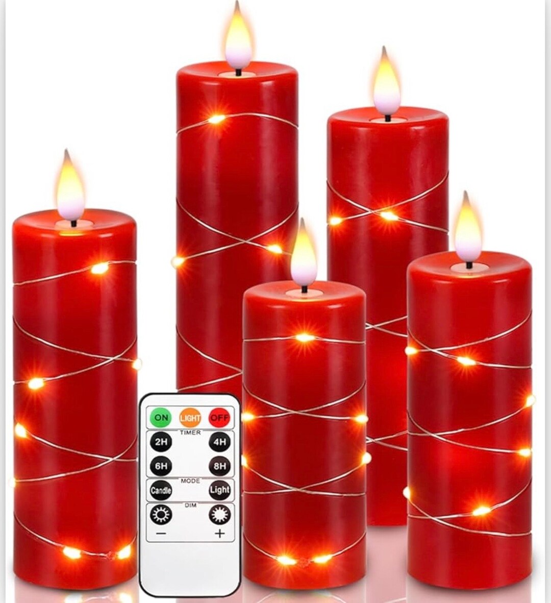 Red Flameless Candle Fairy String Lights , Premium LED Flickering Flame ...