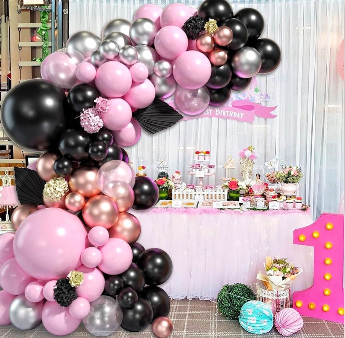 Pink and Black Balloon Arch Kit, 119pcs Pink Rose Gold Silver Balloon ...