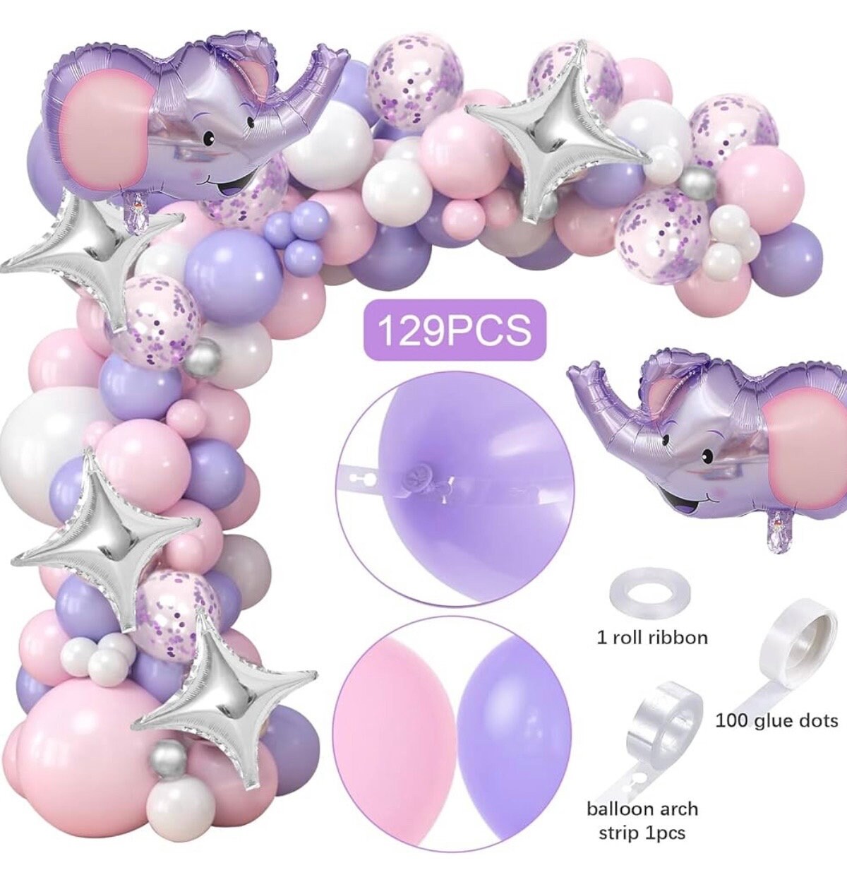 129PCS Elephant Baby Shower Balloon Arch for Girl Purple Pink Confetti ...