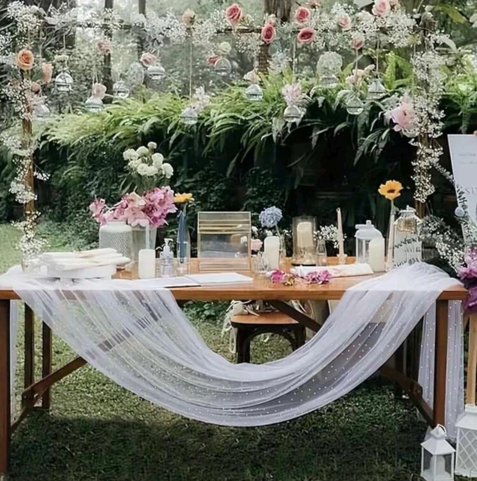 White Pearl Spring Summer Table Runner Boho Rustic Tulle Lace Mothers ...