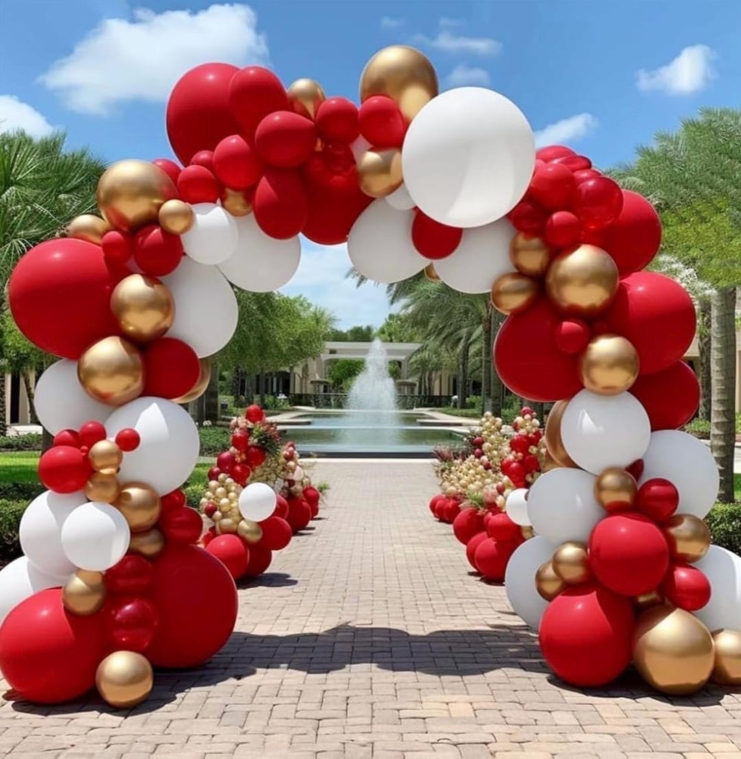 Red White Gold Balloon Arch Double Stuffed Red and White Balloons Matte ...