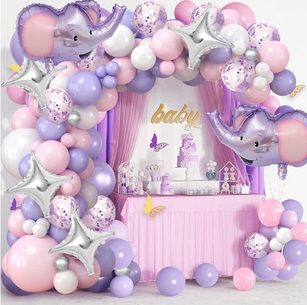 129PCS Elephant Baby Shower Balloon Arch for Girl Purple Pink Confetti ...