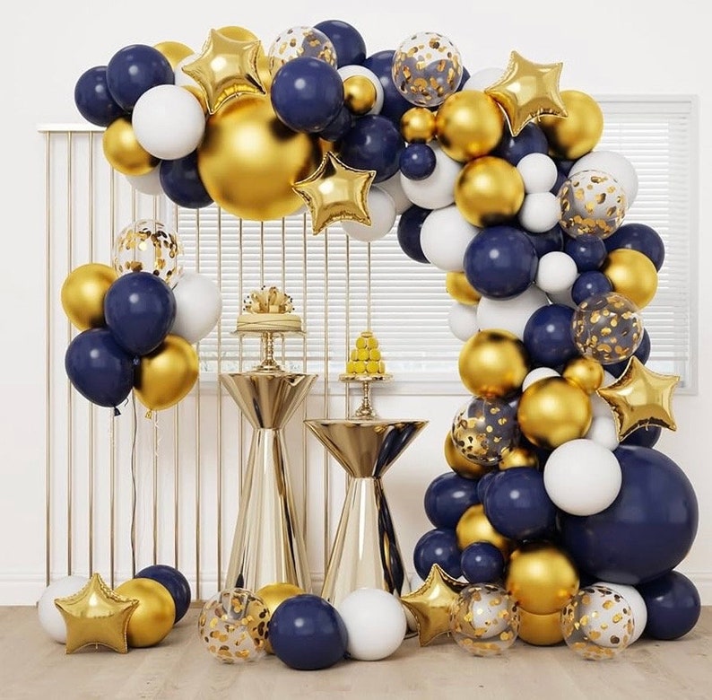 Navy Blue Gold Balloon Garland Arch Kit 154pcs Royal Blue Gold White Balloons With Gold Confetti ...