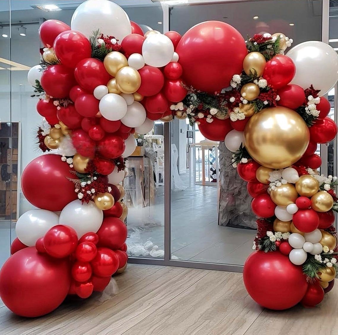 Red White Gold Balloon Arch Double Stuffed Red and White Balloons Matte ...