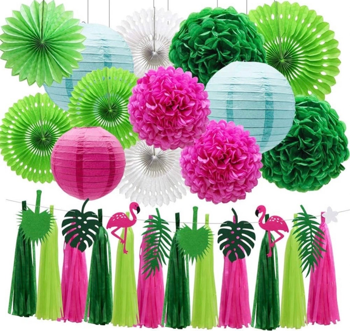 Tropical Flamingo Palm Leaf Banner Party Decorations, Hanging Paper ...