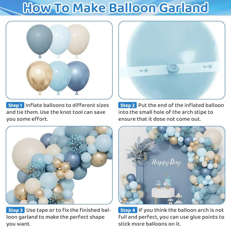 172pcs Dusty Blue Balloons Arch Garland Kit, Dusty Baby Pastel Blue Chrome Gold Blue Sand White ...