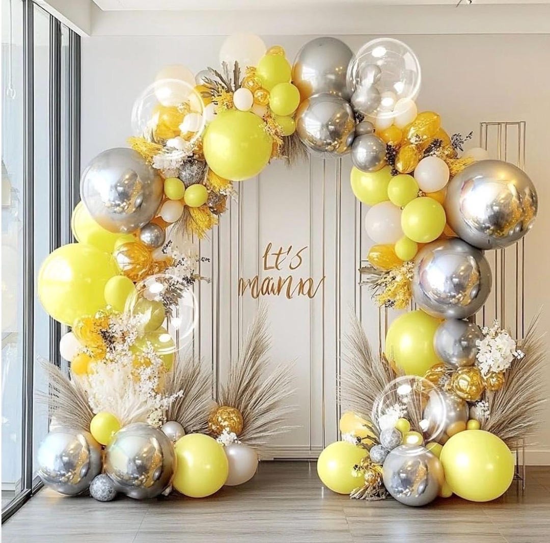 Yellow Silver Balloon Garland Metallic Silver Yellow Pearl Balloon Arch ...