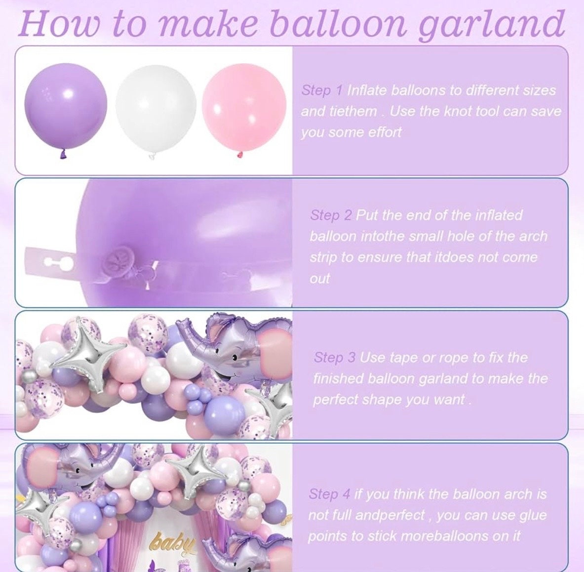 129PCS Elephant Baby Shower Balloon Arch for Girl Purple Pink Confetti ...