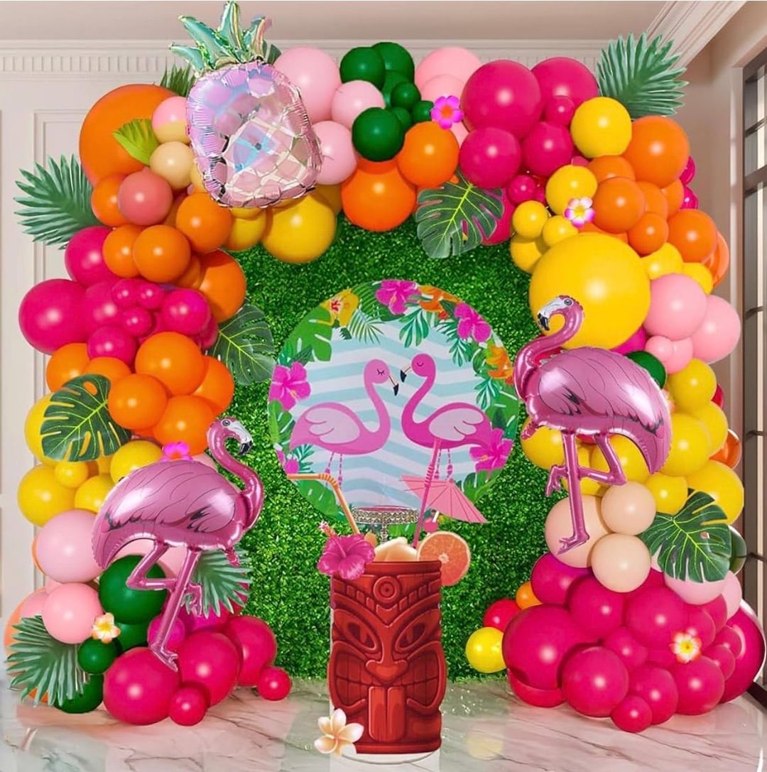 Tropical Hot Pink and Orange Flamingo Balloons Garland Arch Kit 130pcs ...