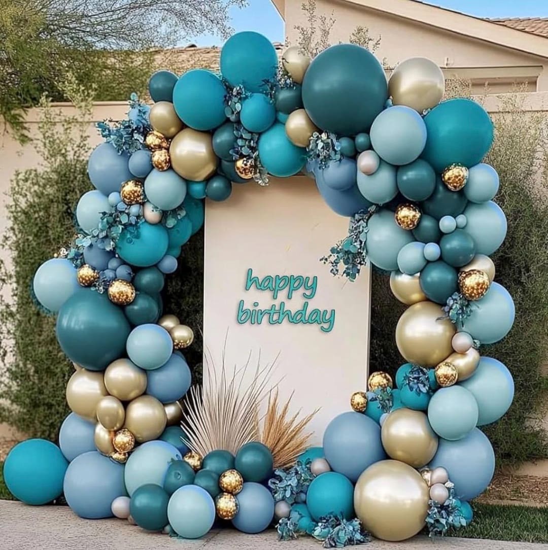 Teal Blue Gold Balloons - Double Stuffed Latex Dusty Fog Blue Balloon ...