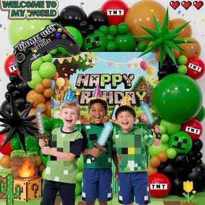 Pixel Game Birthday Party Decorations for Boys, Green Black Balloon ...