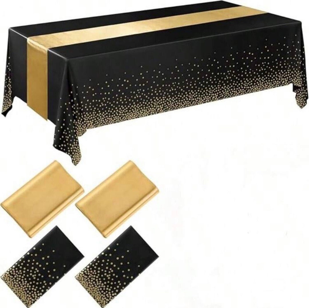 Black and Gold Tablecloths and Satin Table Runner Set, Table Cover ...