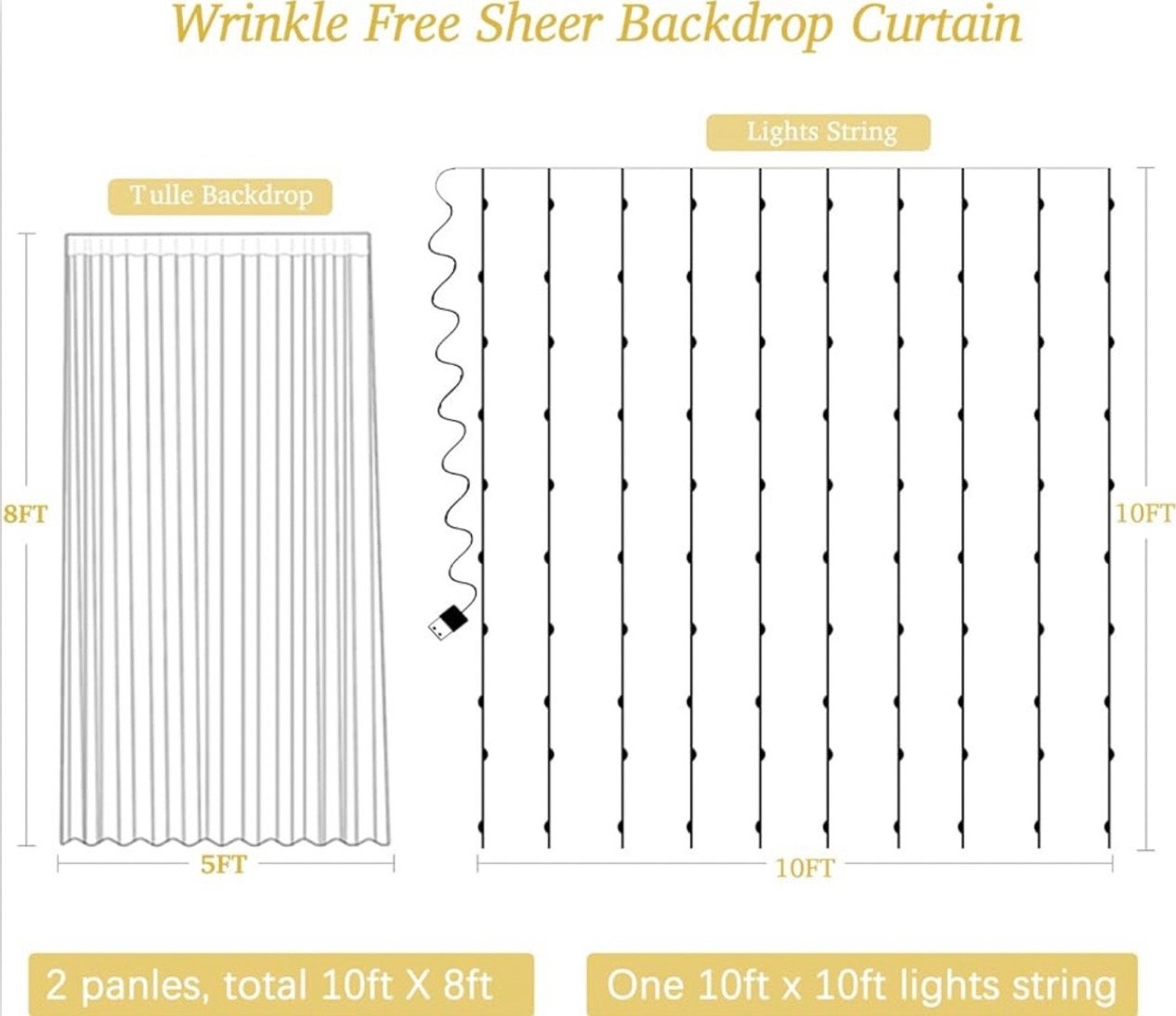 White Sheer Tulle Backdrop Curtain With Lights String Wedding Backdrop ...
