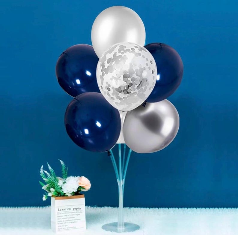 Balloon Stand With Silver and Navy Blue Balloons, Centerpiece Table ...