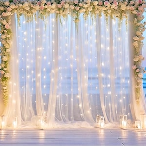 White Sheer Tulle Backdrop Curtain With Lights String- Wedding Backdrop ...