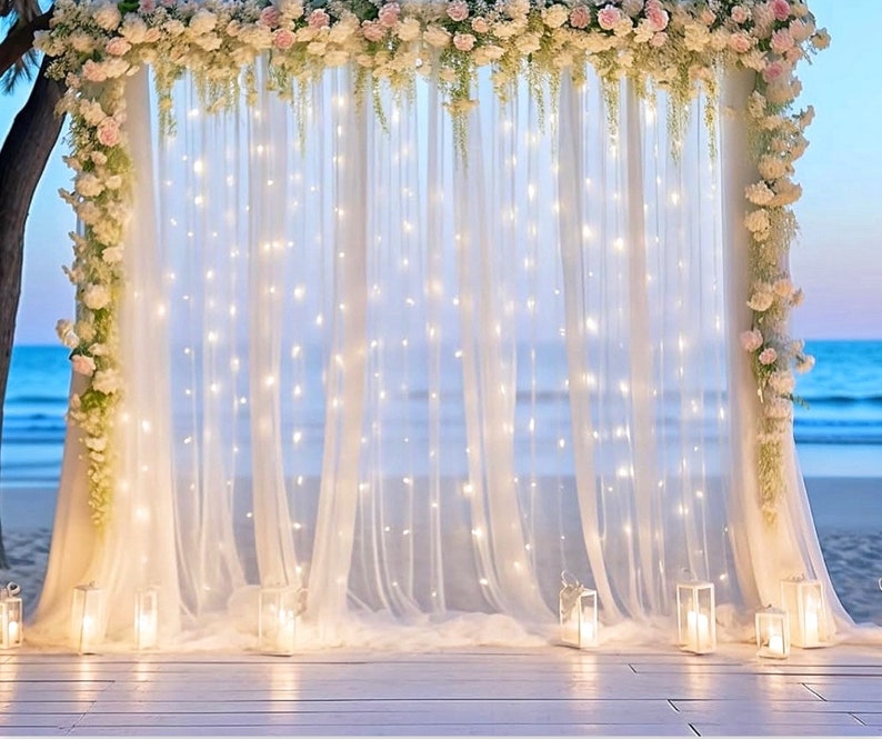 White Sheer Tulle Backdrop Curtain With Lights String Wedding Backdrop ...