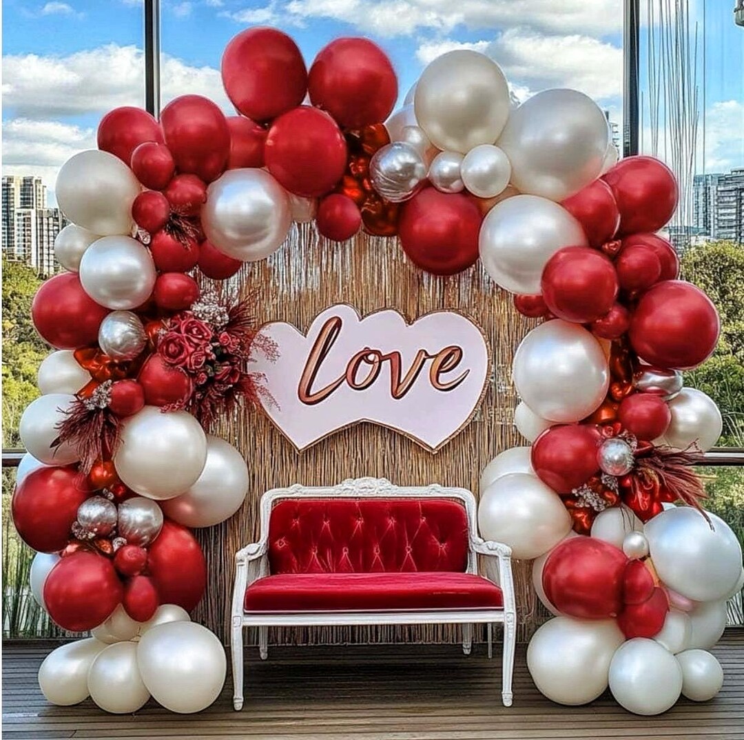 Red White Balloon Arch Double Stuffed Red Balloons Pearl White Balloon ...