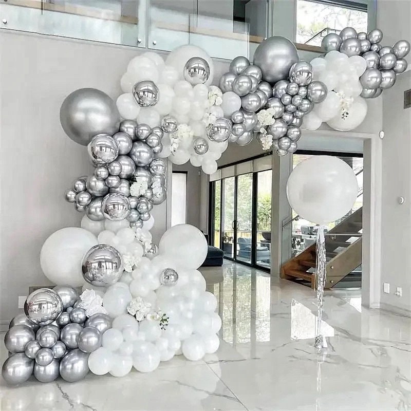 Silver and White Balloon Garland Kit, Metallic Silver White Balloon ...