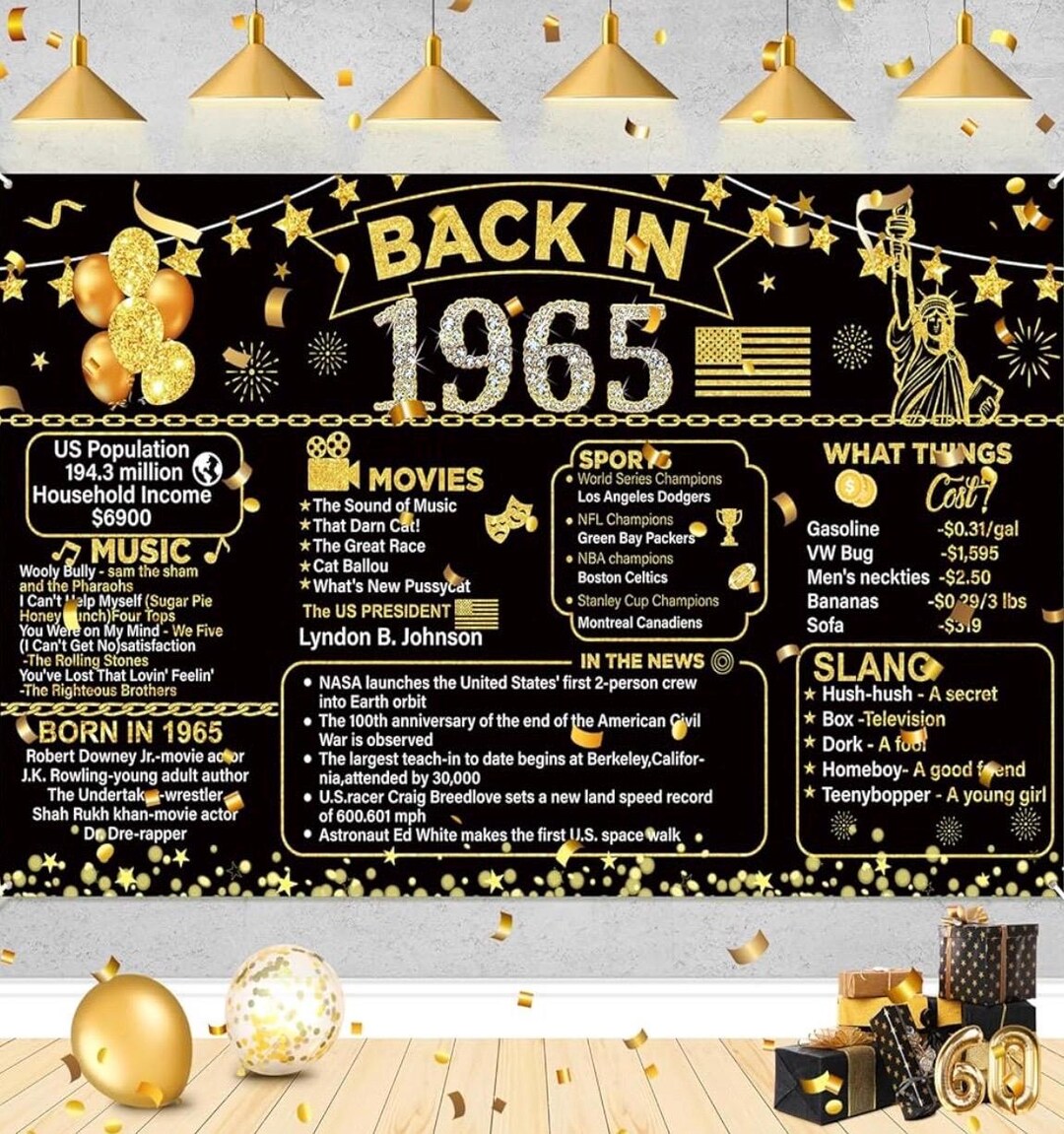 60th Birthday Decorations Black Gold Back in 1965 Vintage Banner for ...