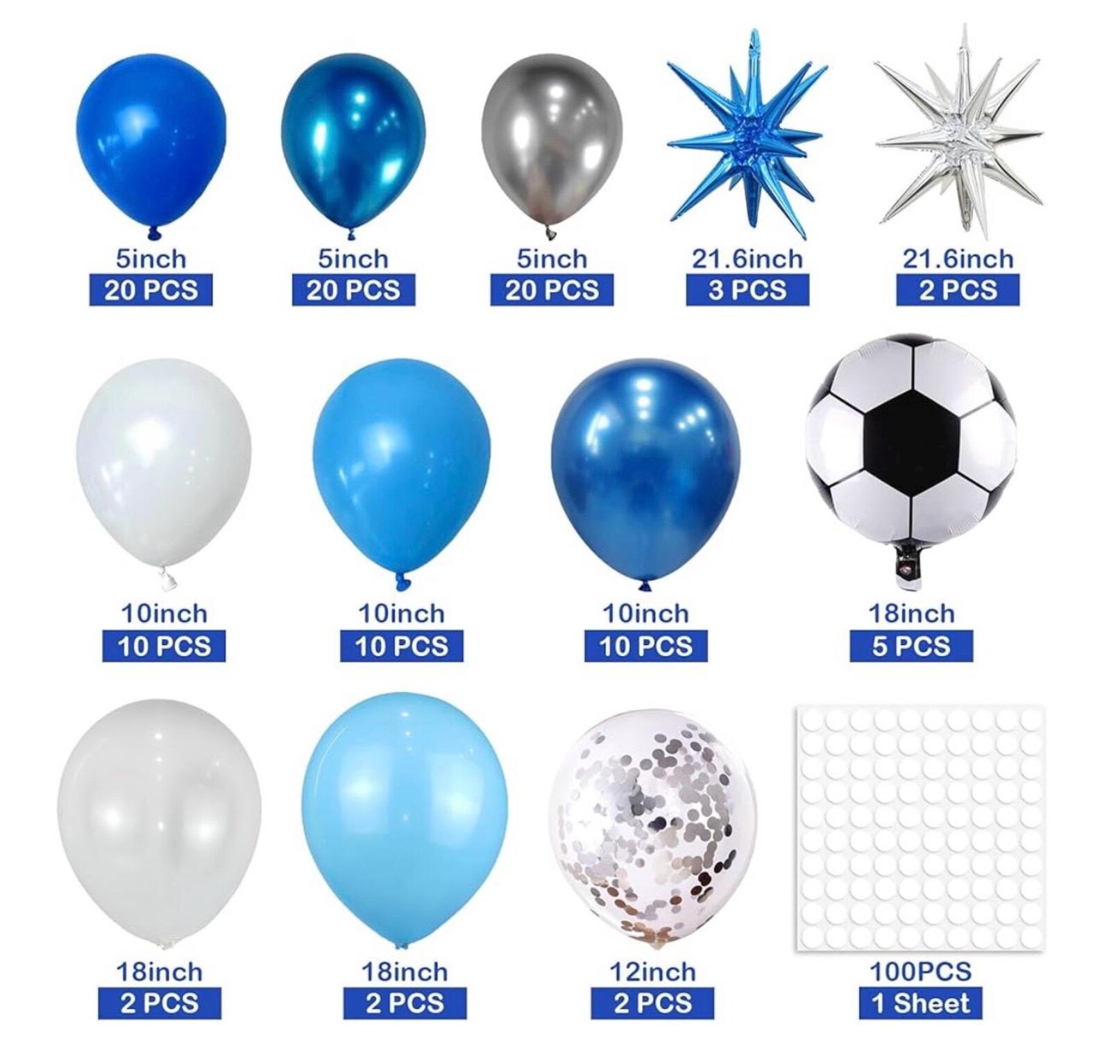 Soccer Balloon Arch Kit for Boys, Blue Silver White Balloons, Birthday ...