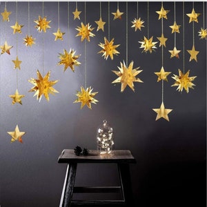 Gold Party Decorations Star Garlands Streamer Gold 3D Stars Metallic ...