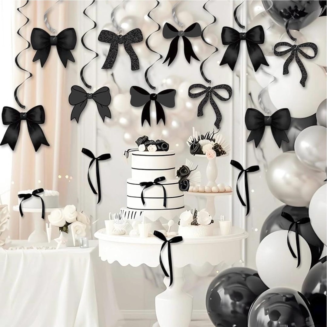 Bow Party Hanging Swirls Decorations, Black Bow Birthday Party ...