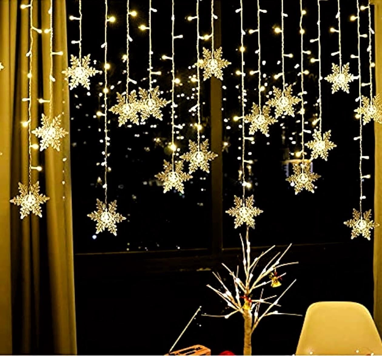 LED Curtain Lights,3.5m, 96 LED Snowflake Curtain String Lights Plug-in ...
