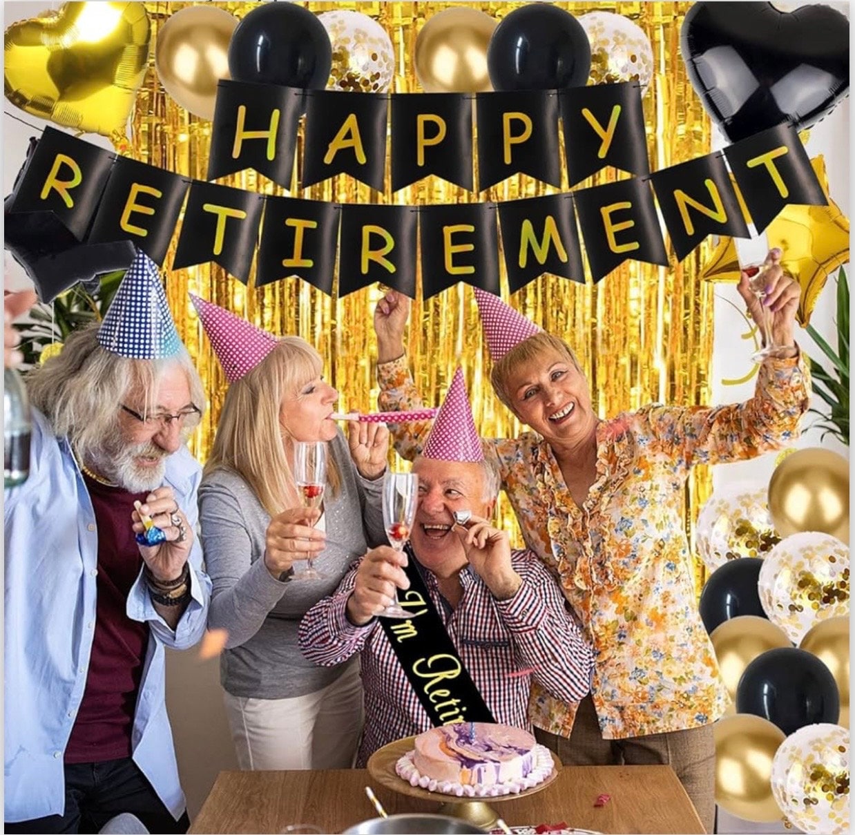 Retirement Party Decorations Black and Gold Happy Retirement Banner Im ...