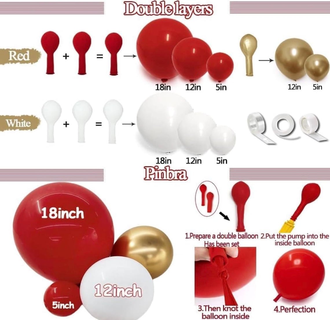 Red White Gold Balloon Arch Double Stuffed Red and White Balloons Matte ...