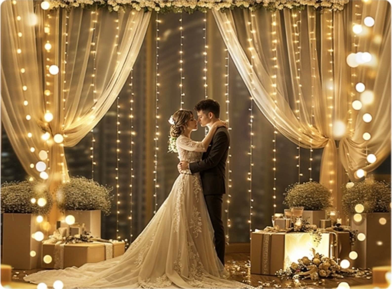 White Sheer Tulle Backdrop Curtain With Lights String Wedding Backdrop ...