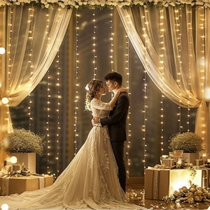 White Sheer Tulle Backdrop Curtain With Lights String- Wedding Backdrop ...