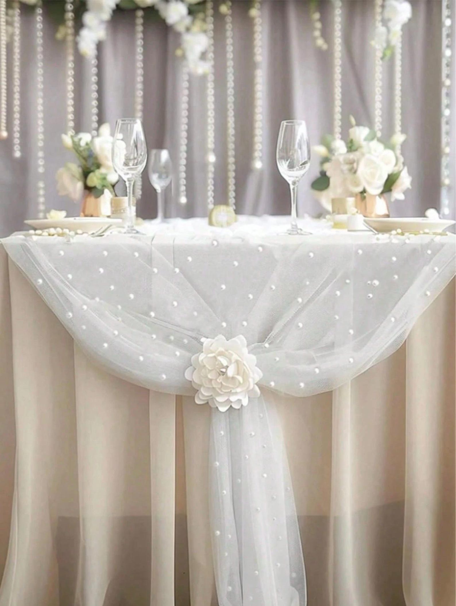 White Pearl Spring Summer Table Runner Boho Rustic Tulle Lace Mothers ...