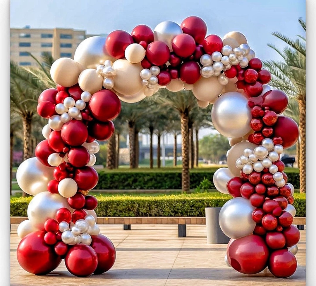 Red White Balloon Garland Dark Red Double Stuffed Balloons Pearl White ...