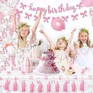 Pink Bow Birthday Party Decorations Set, Girl Bow Themed Glittery Happy ...