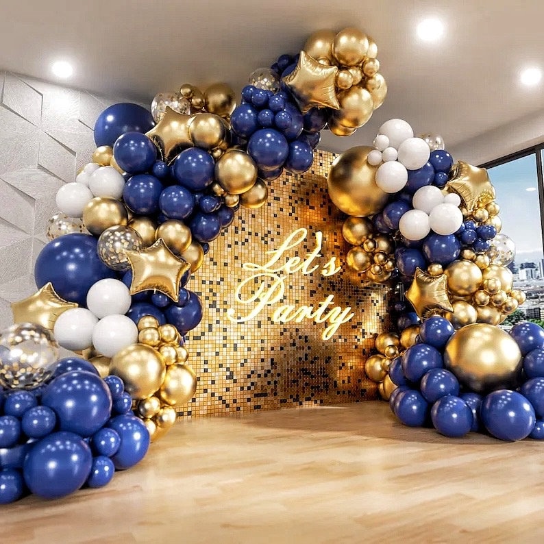 187pcs Blue and Gold Balloons Arch Garland Kit, 5 10 12 18 Inch Royal Blue Gold White Balloons ...
