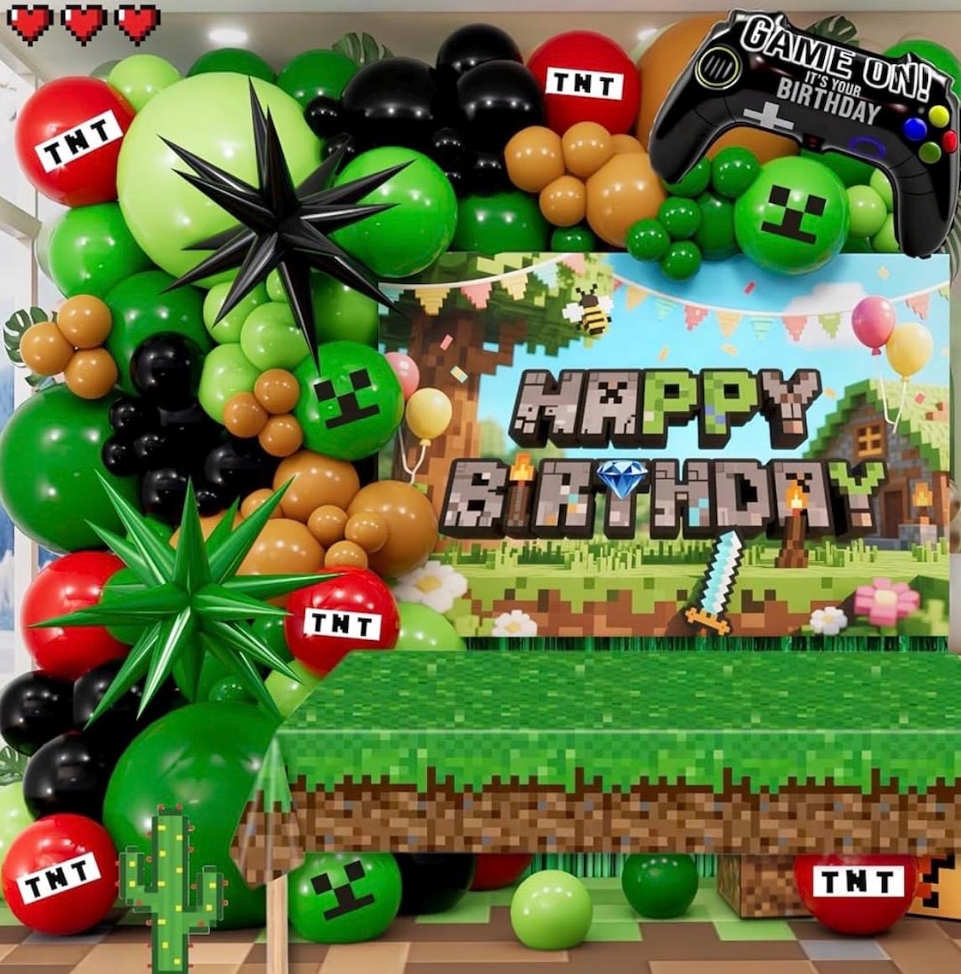 Pixel Game Birthday Party Decorations for Boys, Green Black Balloon ...