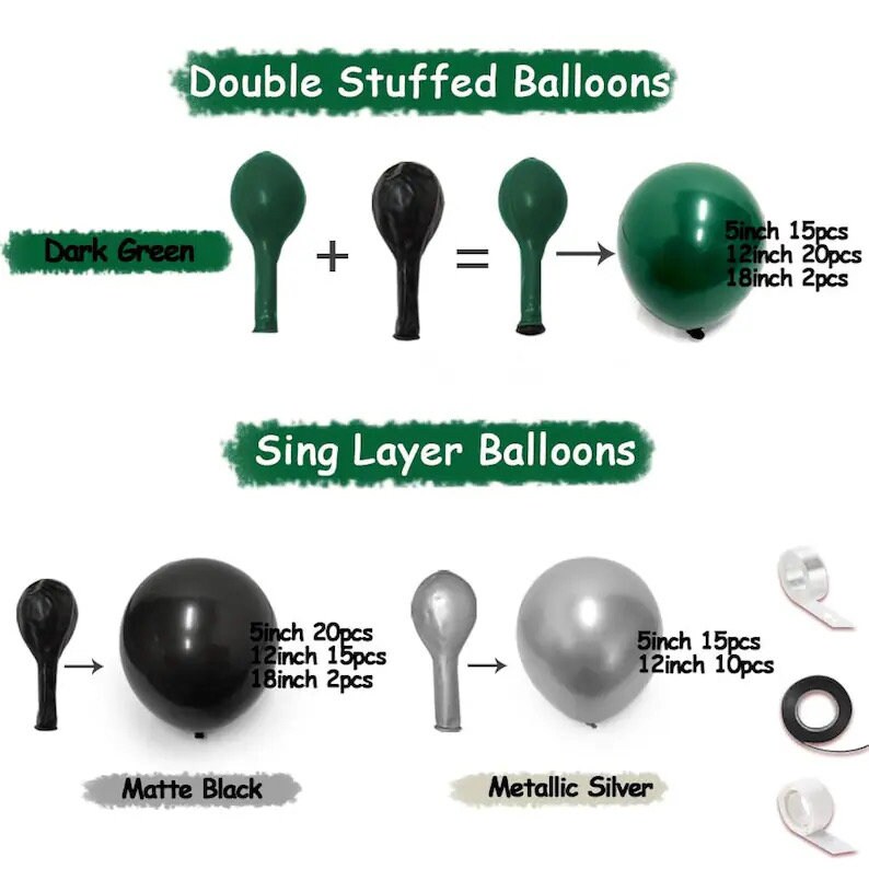 Black Green Silver Balloon Garland Double Stuffed Dark Green Black Balloons Emerald Green ...
