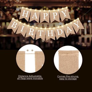 2 Pieces Burlap Happy Birthday Banner Flags and 2 Pieces Mini LED Fairy ...
