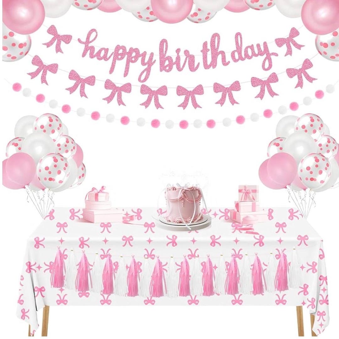 Pink Bow Birthday Party Decorations Set, Girl Bow Themed Glittery Happy ...