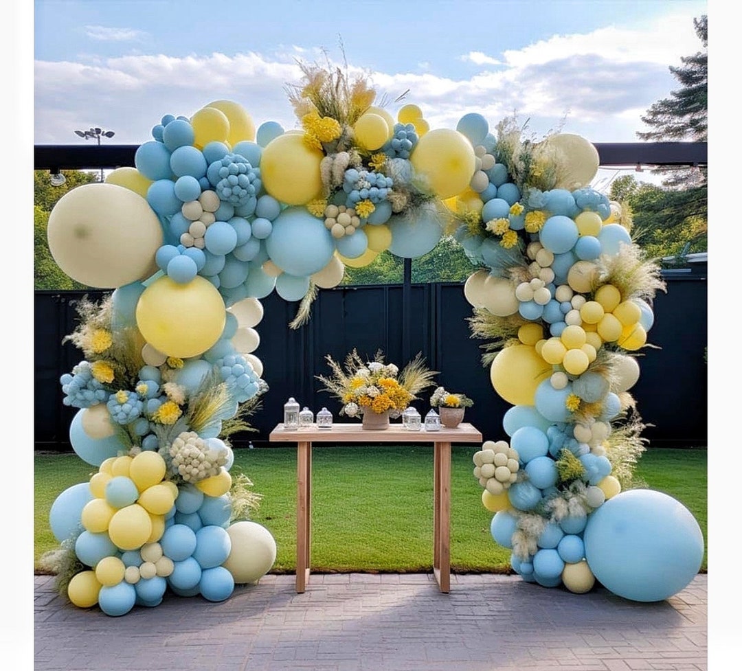 Pastel Blue Yellow Balloon Garland Double Stuffed White Sand Light ...